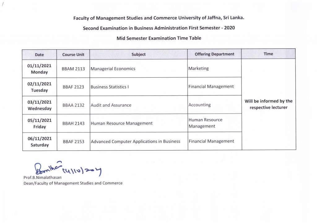 Mid Semester Examination Timetable - Second Examination - First ...