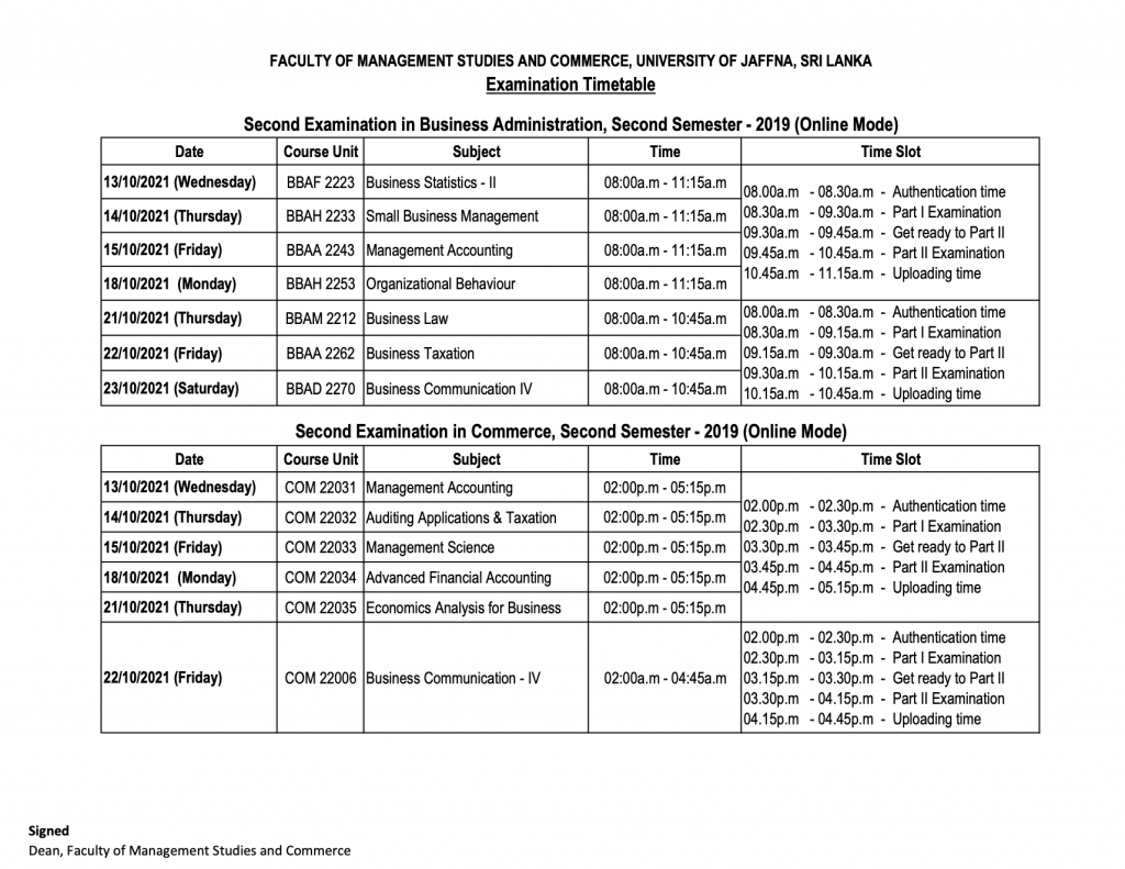 Timetable for Online Examination 2nd Year 2nd Semester – 2019 ...