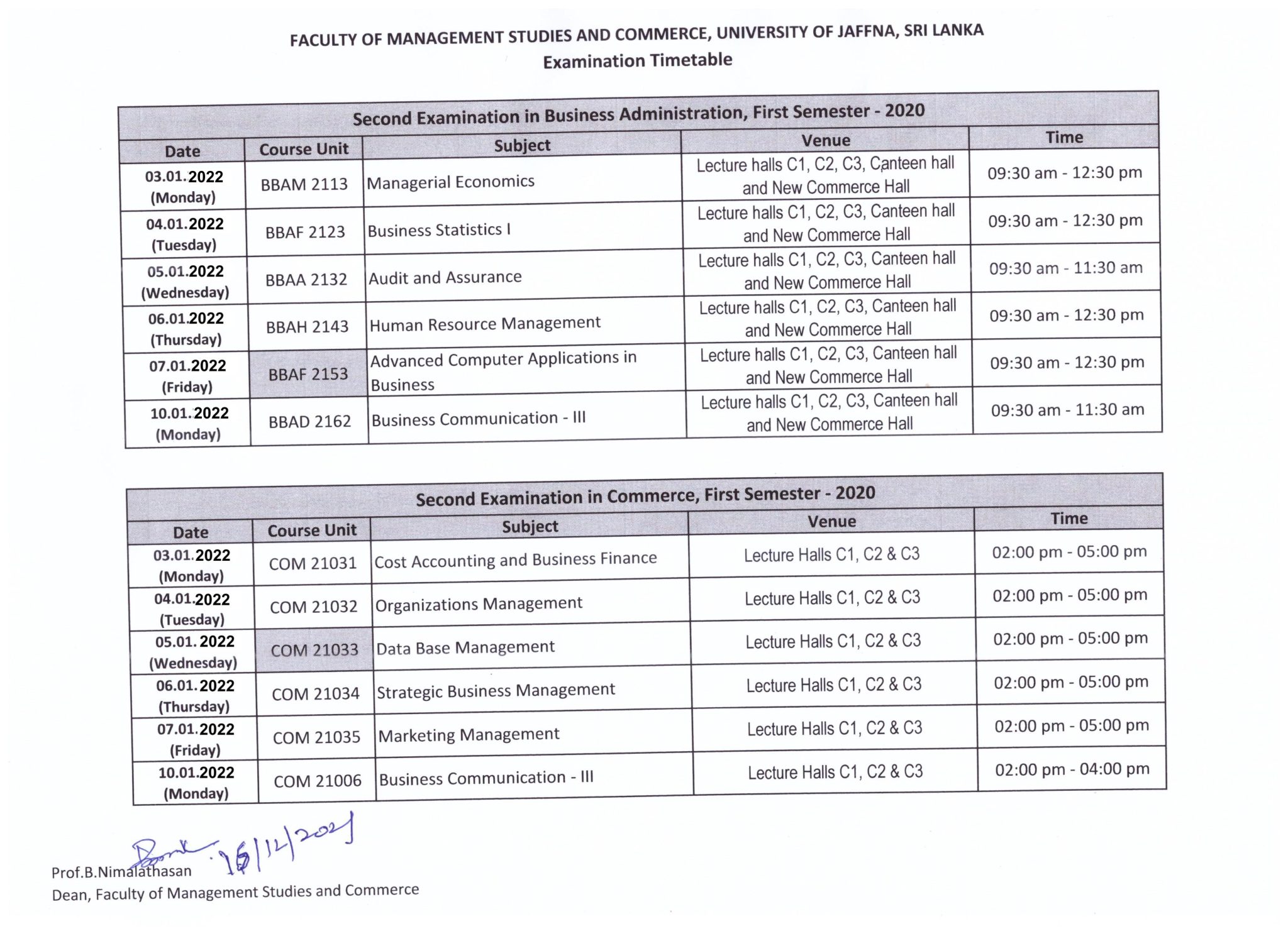 Examination Timetable – Second Examination in Business Administration ...