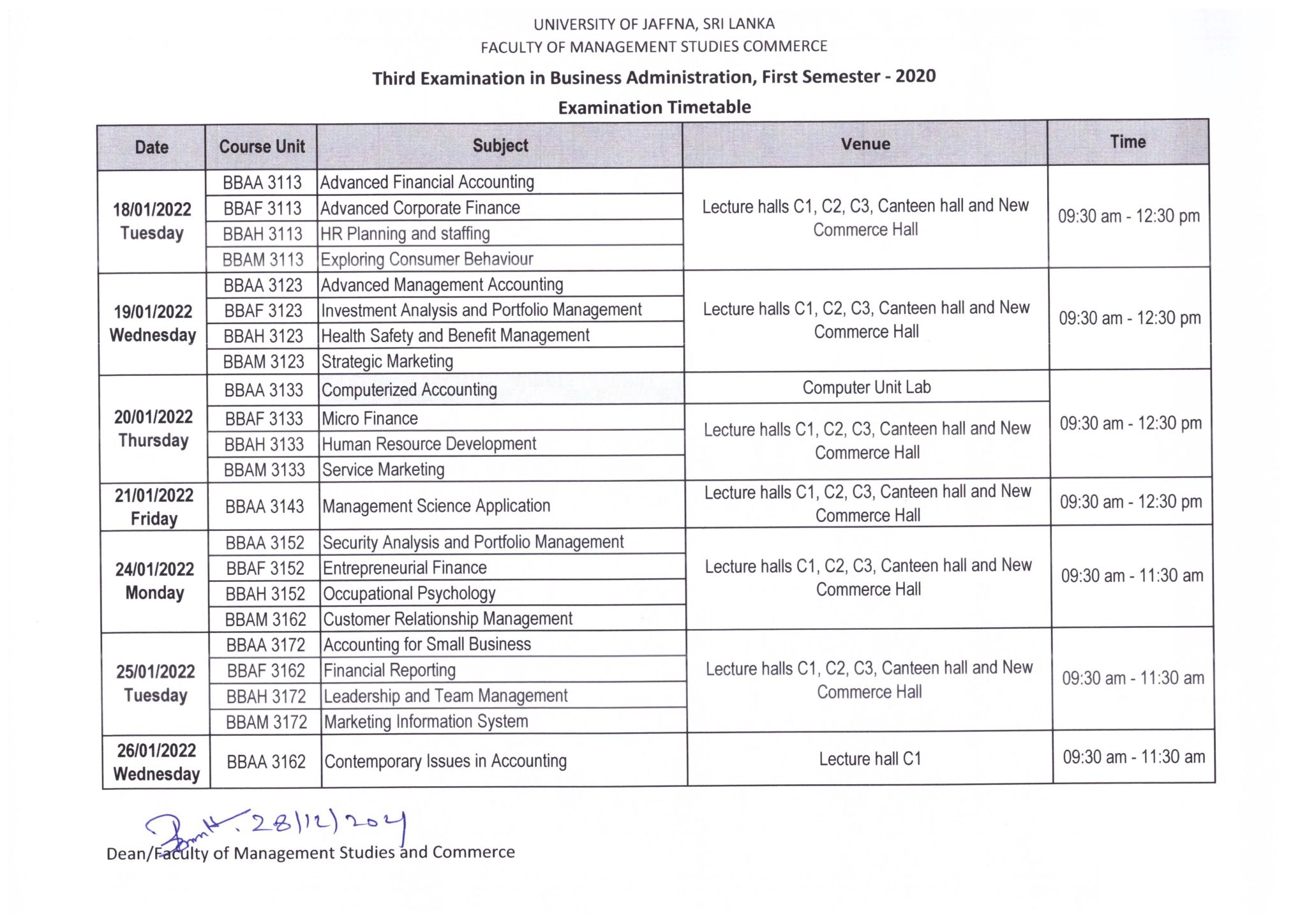 Examination Timetable – Third Examination in Business Administration ...
