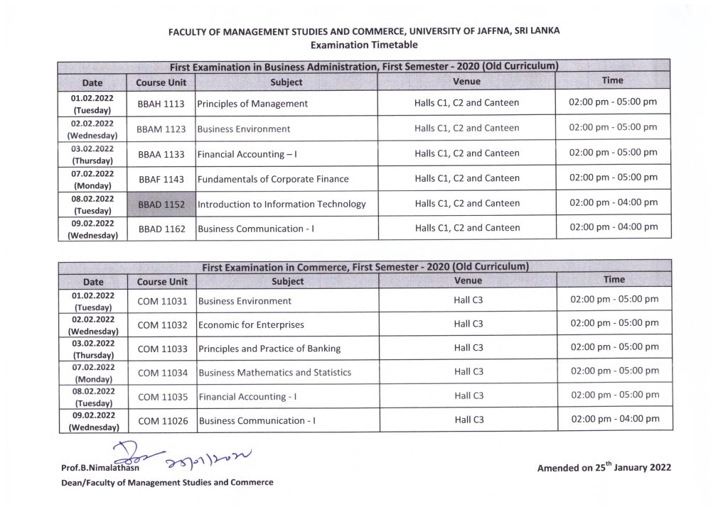 Examination Timetable – First Examination in Business Administration ...