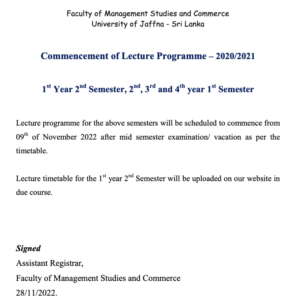 Commencement of Lecture Programme – 2020/2021 - 1st Year 2nd Semester ...