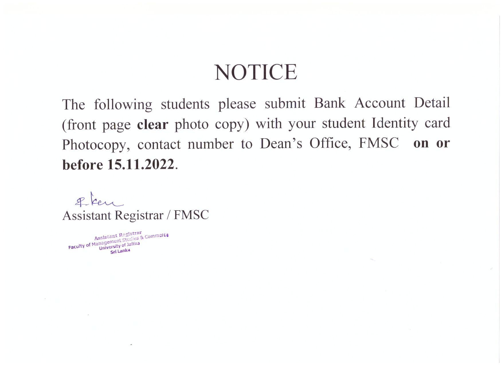 Notice - Bursary List for 2nd Year Students