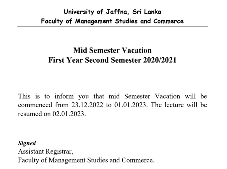 Mid Semester Vacation First Year Second Semester 2020/2021