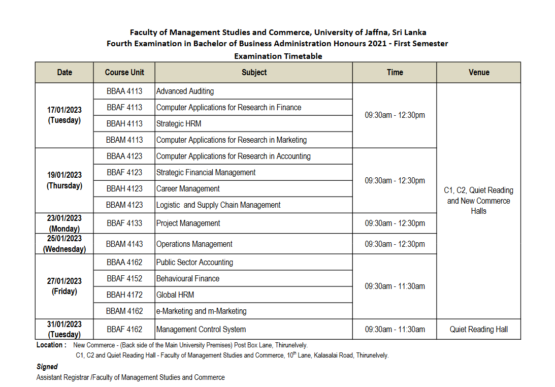 Examination Timetable - Fourth Examination in Bachelor of Commerce ...