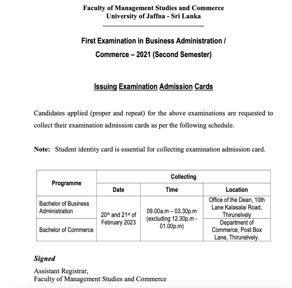 Issuing Examination Admission Cards - First Examination in Business ...