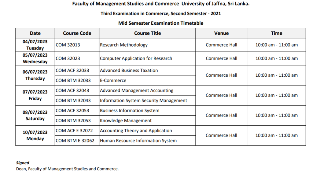 [Updated] Mid Semester Examination Timetable - Third Examination in ...