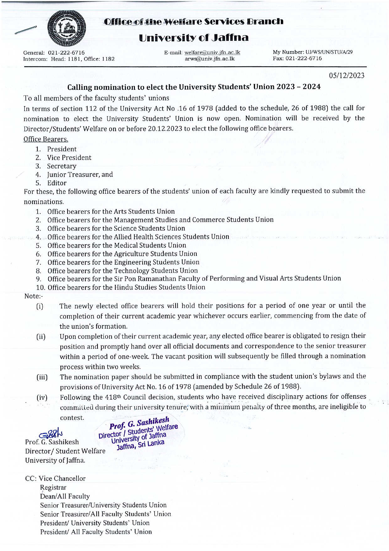 Calling nomination to elect the University Students' Union 2023 - 2024