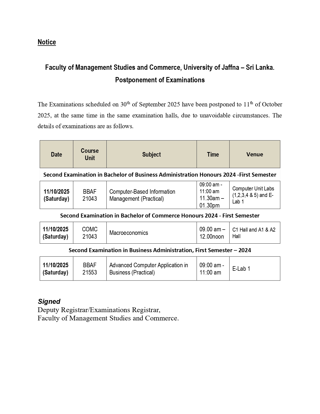 Postponement of Examinations on 30th of September 2025